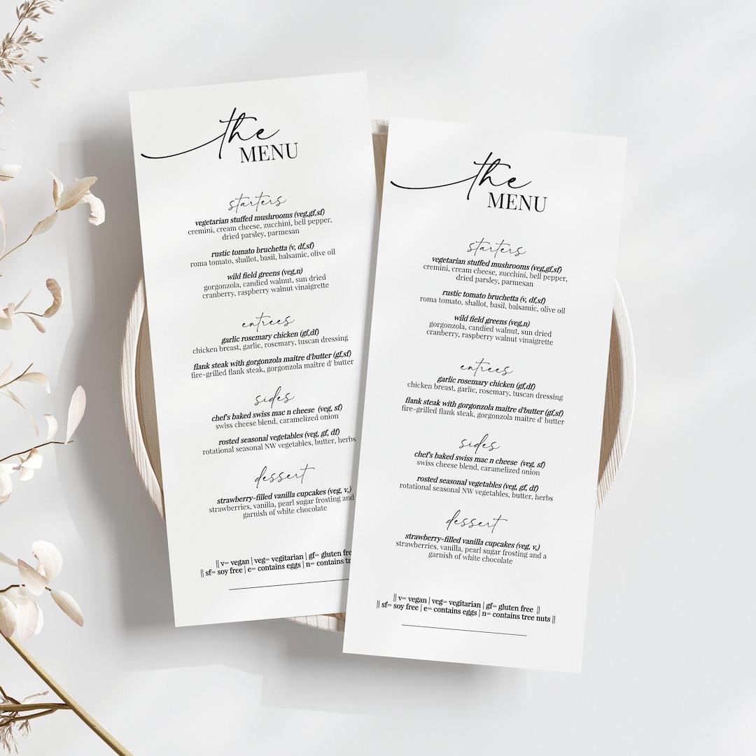 Elegant Wedding Menu Template With Dietary Key (digital Download) - Etsy