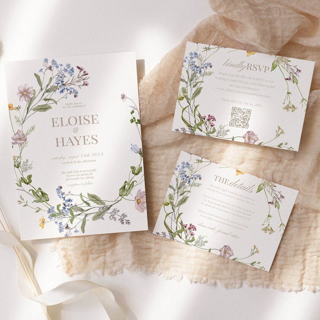 Neutral Wildflower Wedding Suite, Beige Elegant Wedding, QR Code Card ...