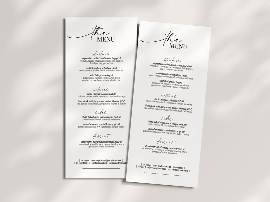 Menu With Dietary Restriction Key, Wedding Menu, Elegant Menu, Classy ...