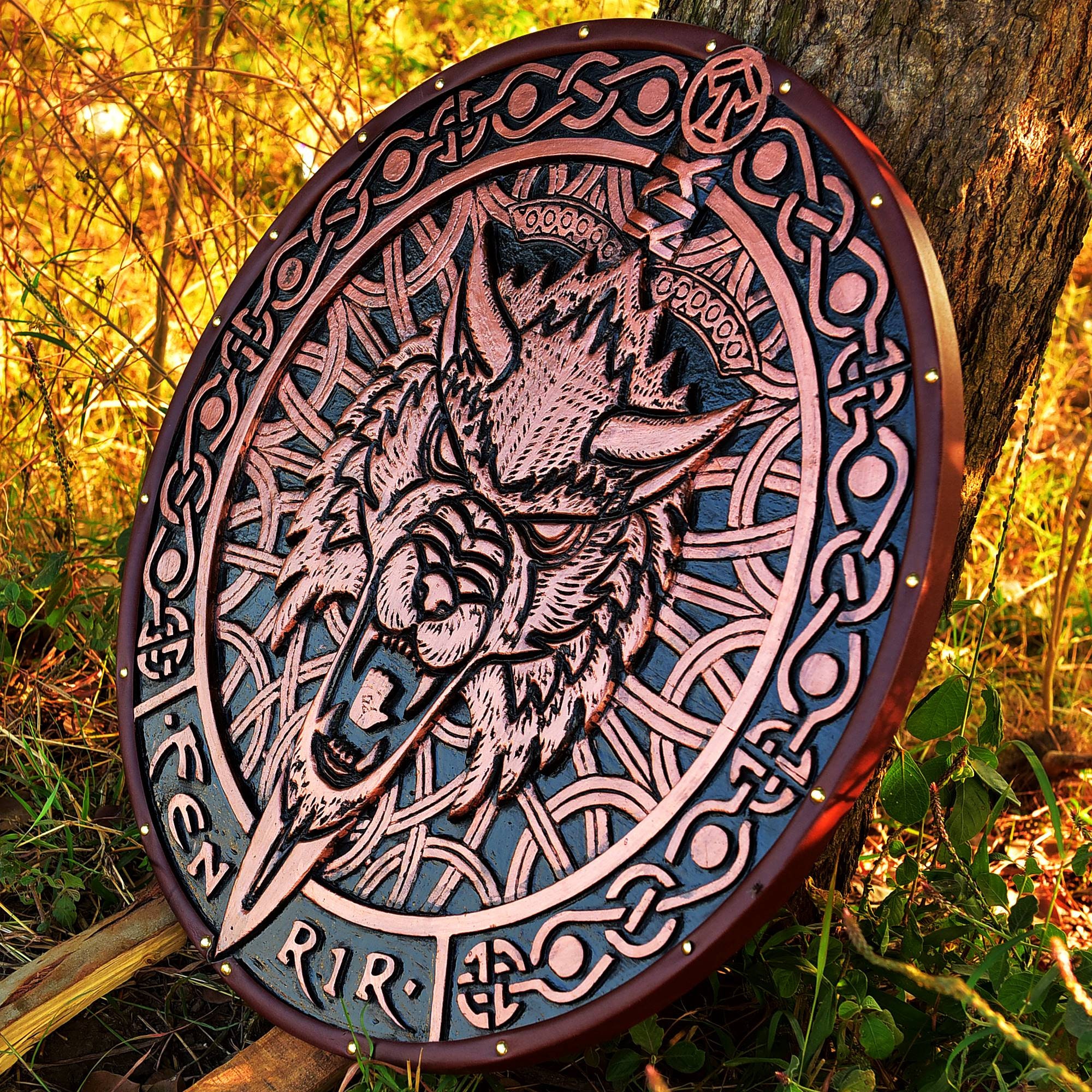 Handmade Medieval Viking Shield, Fenrir Wood Carved Viking Gifts ...