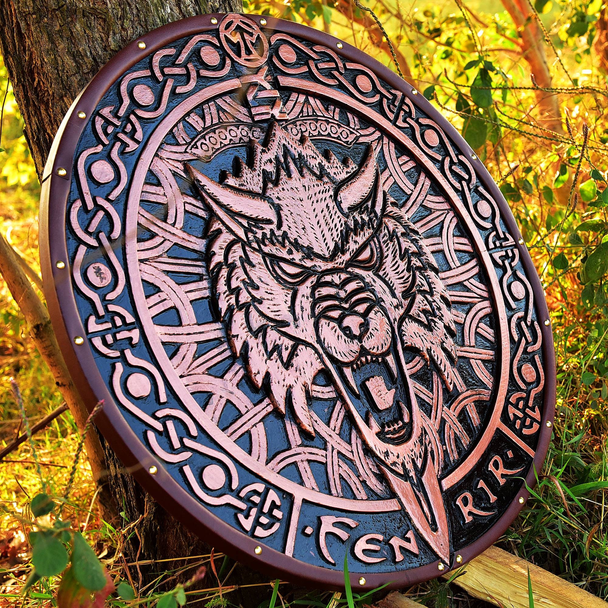 Handmade Medieval Viking Shield, Fenrir Wood Carved Viking Gifts ...