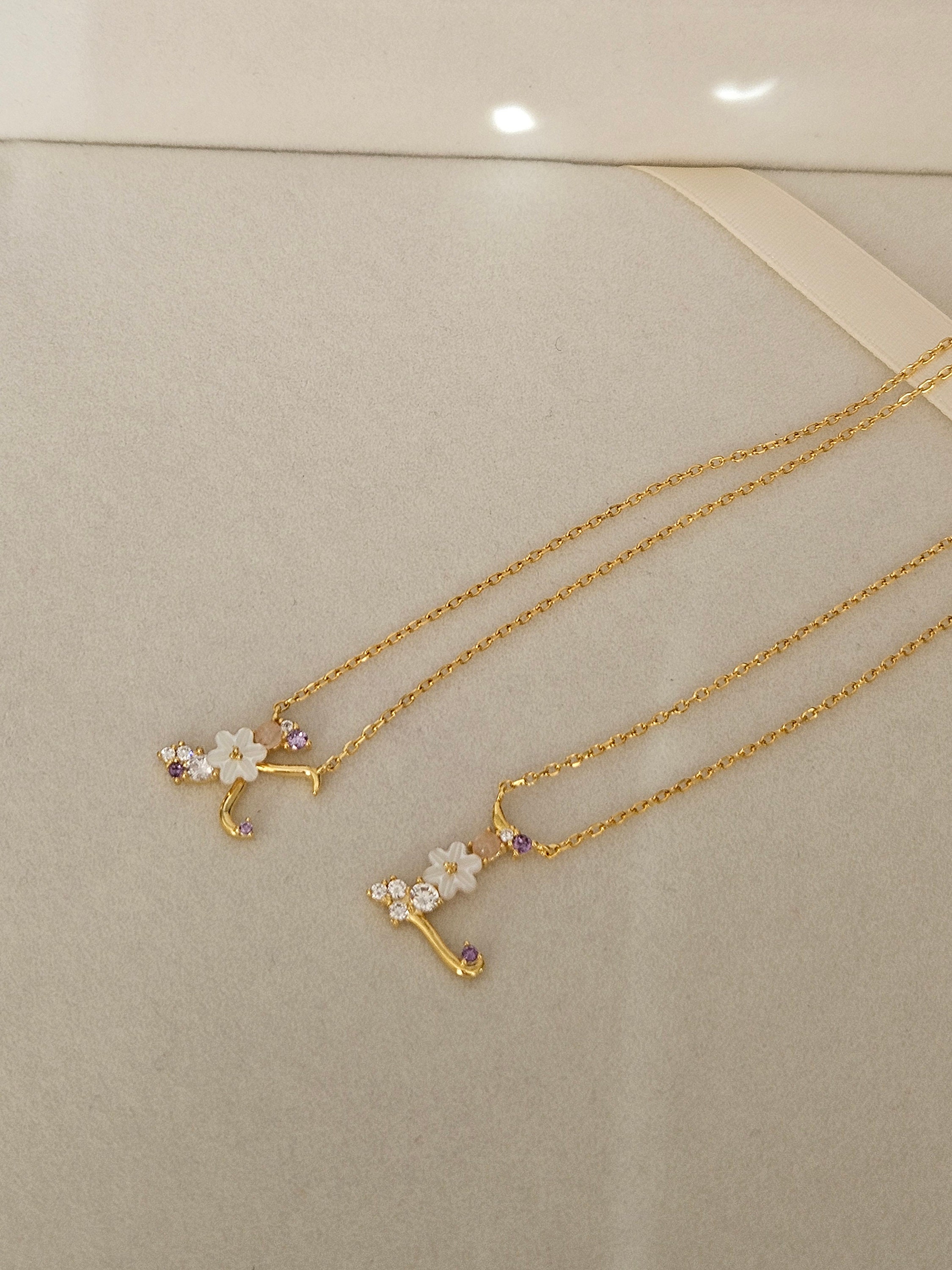 Gold Flower Initial Necklace • Floral Letter Pendant Necklace • Gold ...
