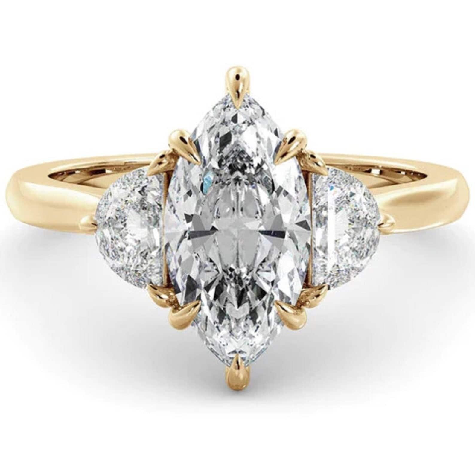 2.33 TC Marquise & Half Moon Cut Trilogy 14k Solid Yellow Gold Ring Three Stone Moissanite Ring ...