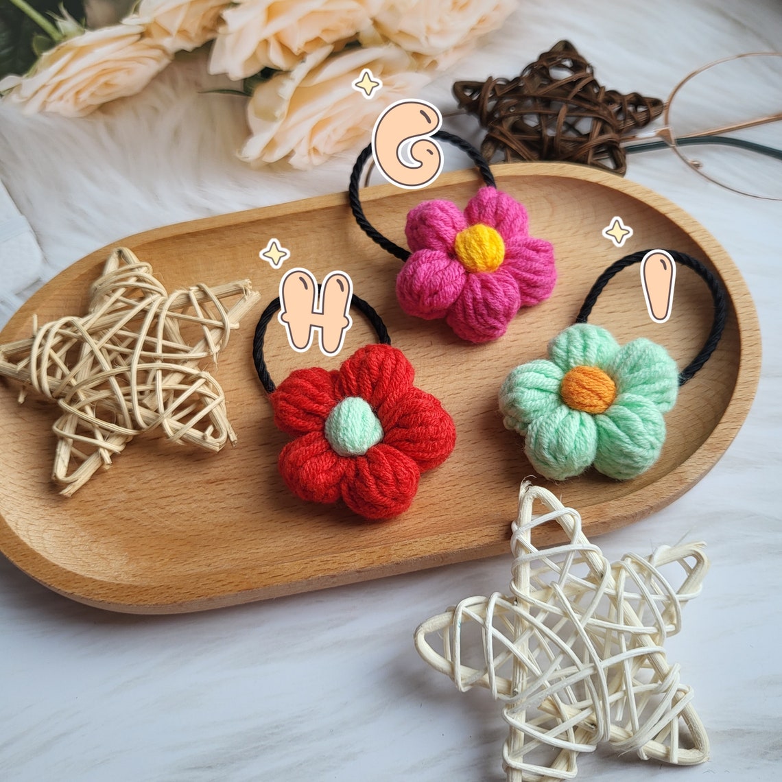 Handmade Crochet Hair Rope, Flower Hair Rope, Cute Animal Hair Tie ...