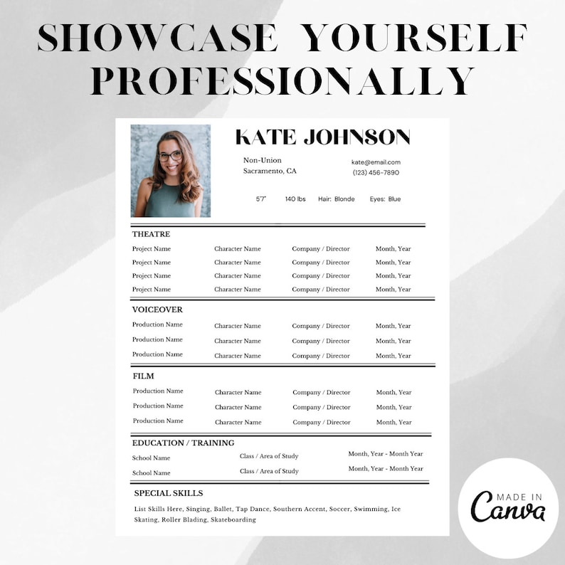 Editable Actors Resume Template With Headshot in Corner for Actors ...