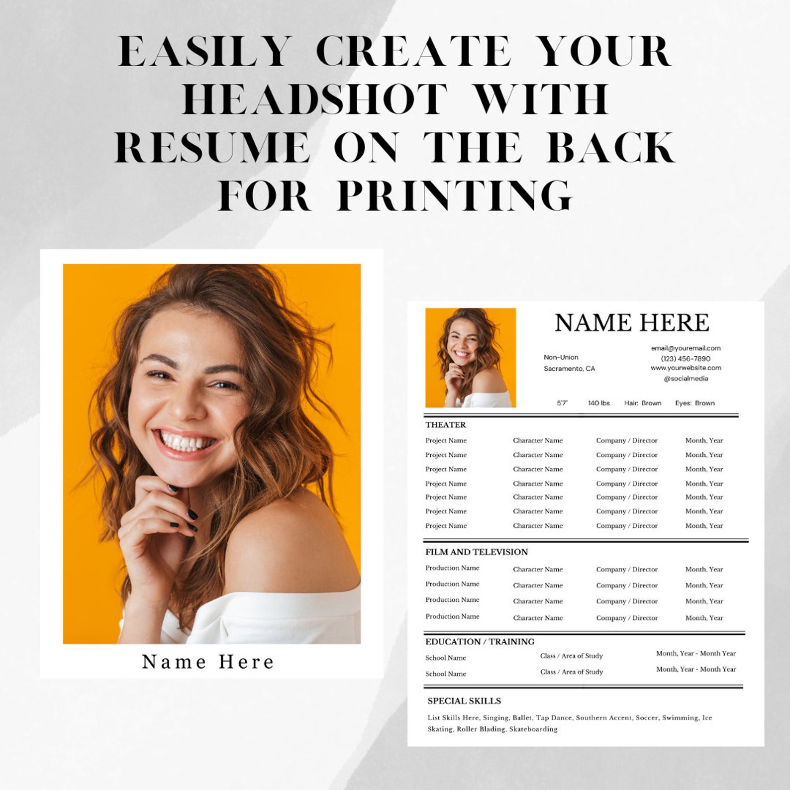 Actor Headshot Resume Template: Customizable 8x10 (canva) - Etsy