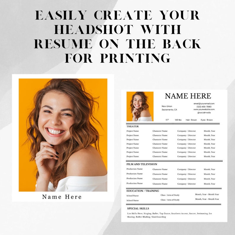 Actor Headshot Resume Template: Customizable 8x10 (canva) - Etsy