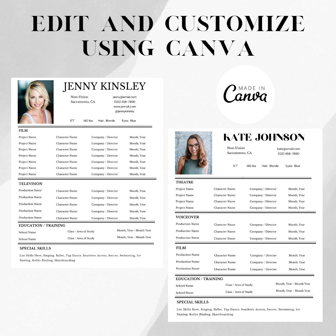 Editable Actors Resume Template With Headshot in Corner for Actors ...