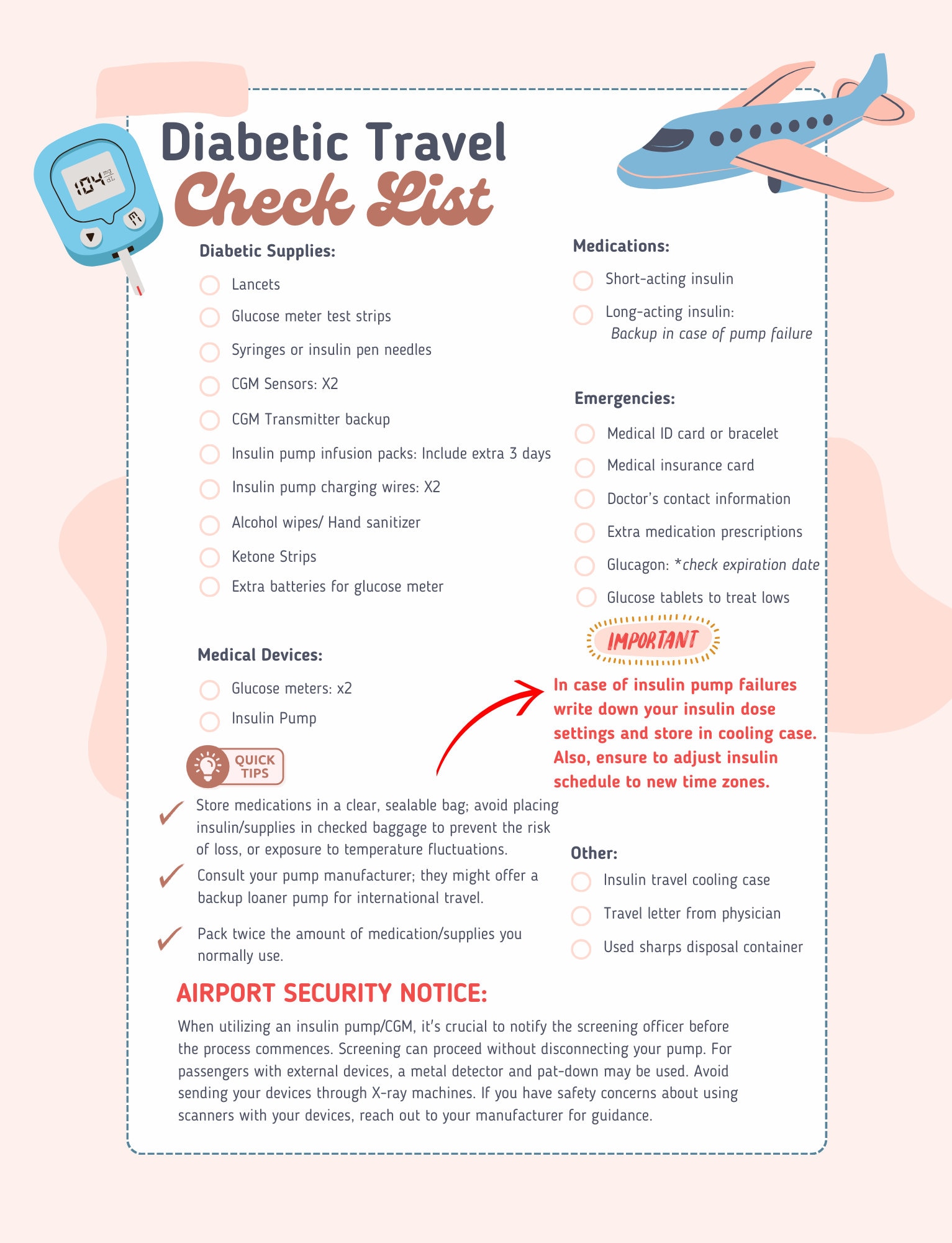 Diabetic Travel Checklist Printable PDF DIGITAL Download/canva Template ...