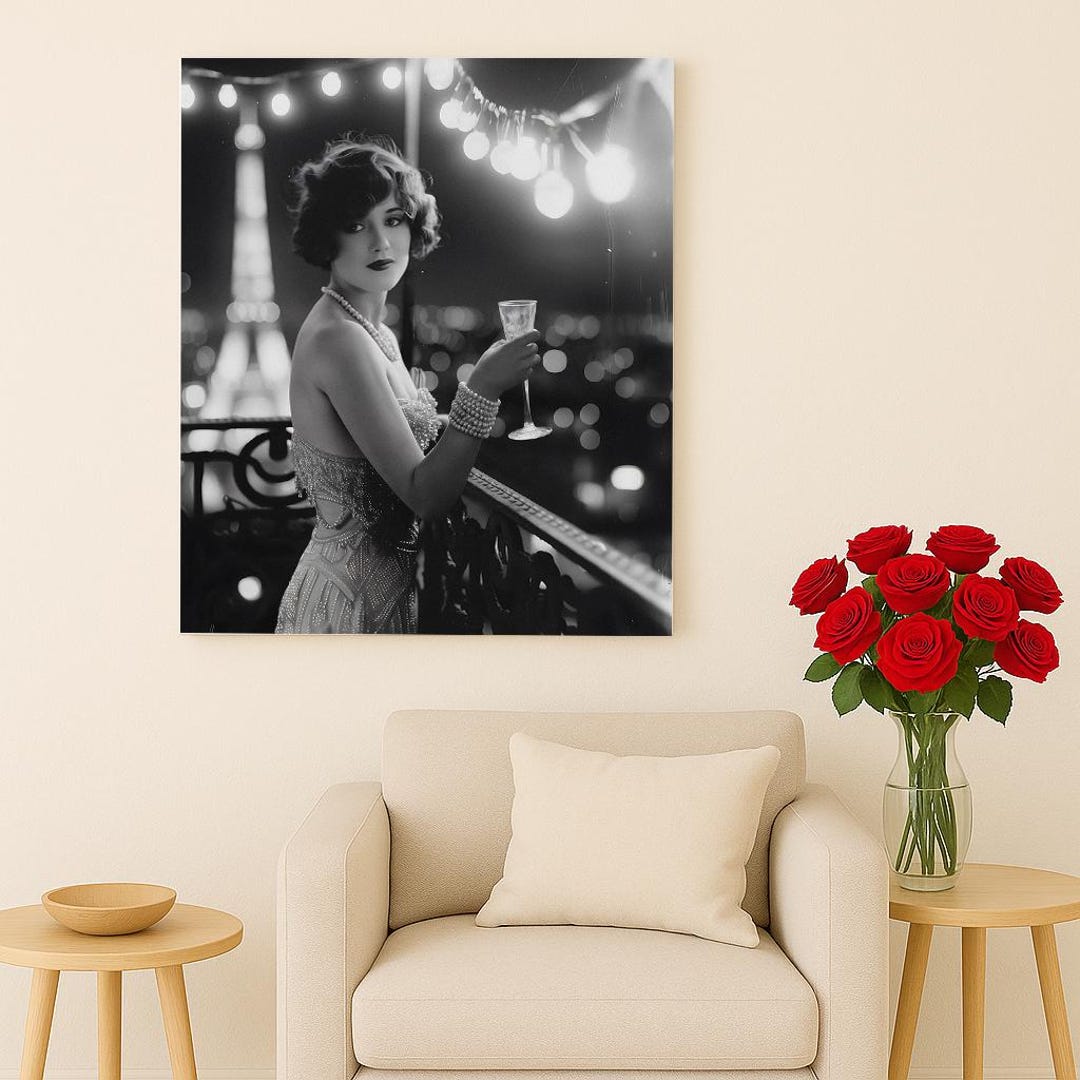1920s Flapper Woman Canvas Print, Paris Balcony Wall Art, Black and ...