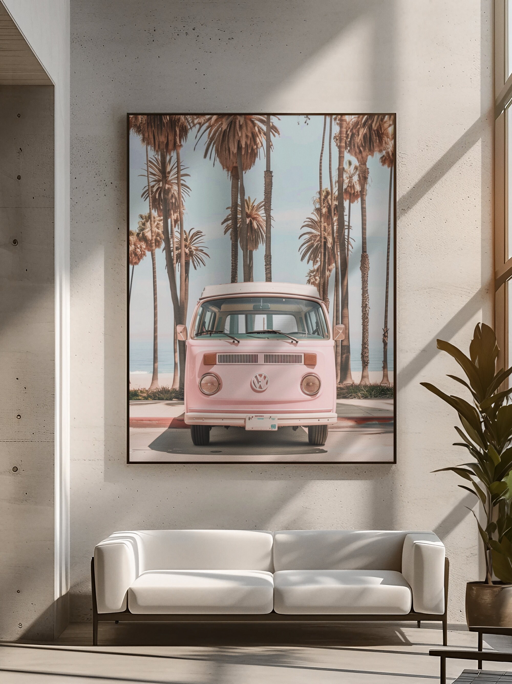 Retro VW Bus Beach Poster Print, Pink Camper Van Coastal Vibes, Coastal ...
