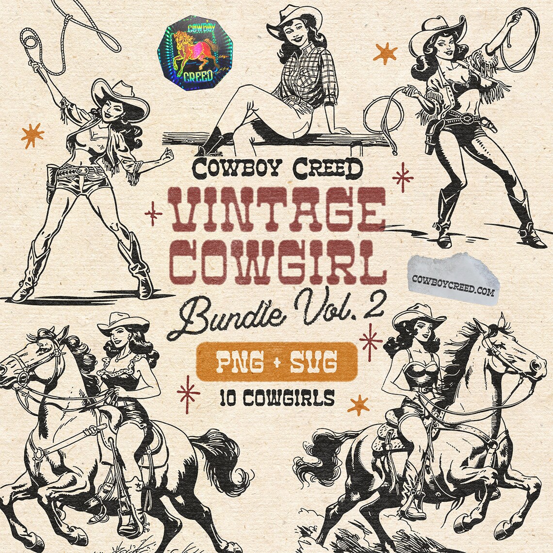 Vintage Cowgirl Vol. 2 Bundle, Retro Cowgirl SVG, Vintage Cowgirl PNG ...
