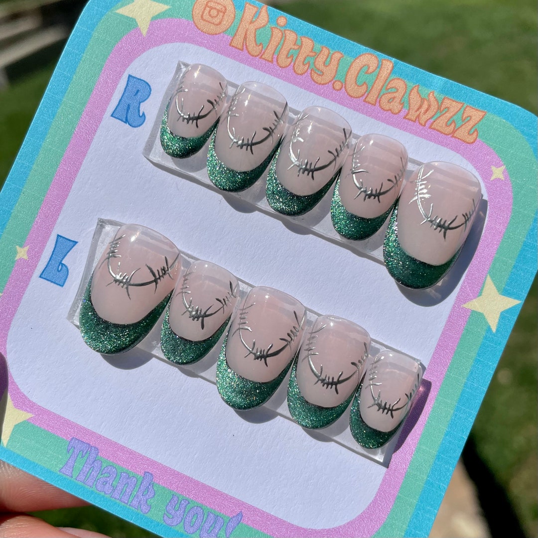 Green Cateye French Tips With Barbed Wire Nail Art, Hand Painted ...