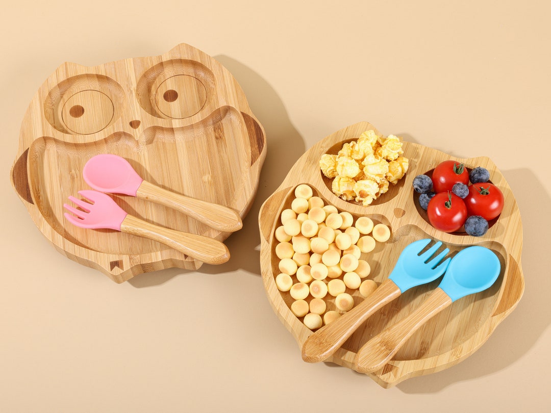 Personalized Bamboo Baby Plate Set: Owl Design, Silicone Spoon & Fork ...