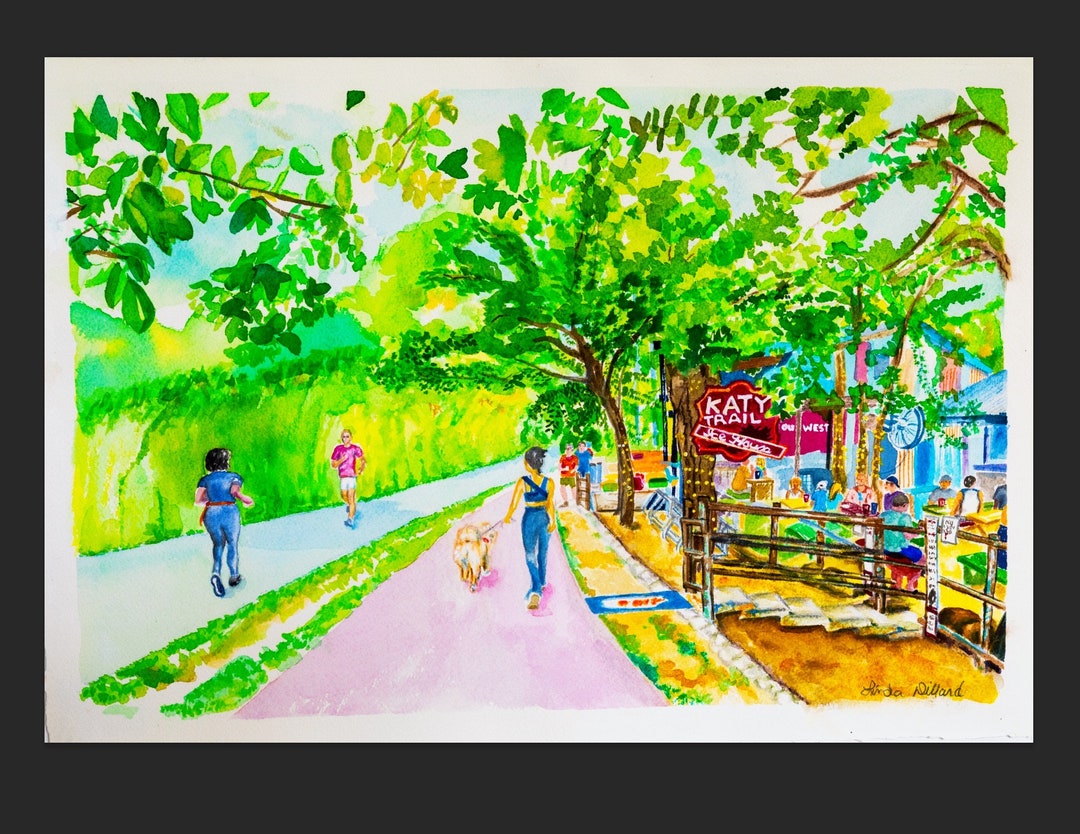 Katy Trail Ice House Giclee Watercolor Painting Outdoor Patio Restaurant jogging Trail Landmark ...
