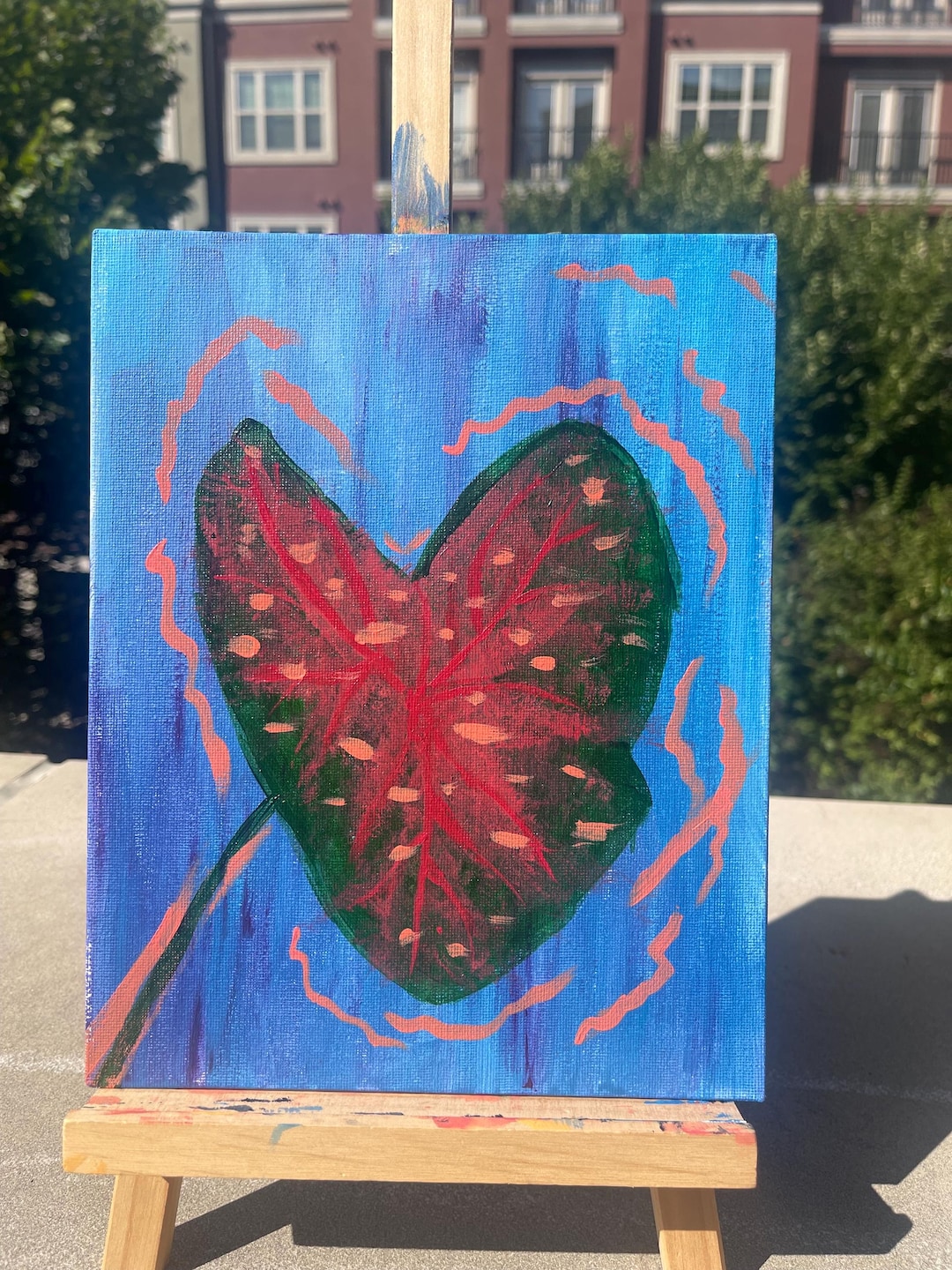 8x10 ORIGINAL monstera Heart Acrylic Painting on Canvas Panel. Peachy ...