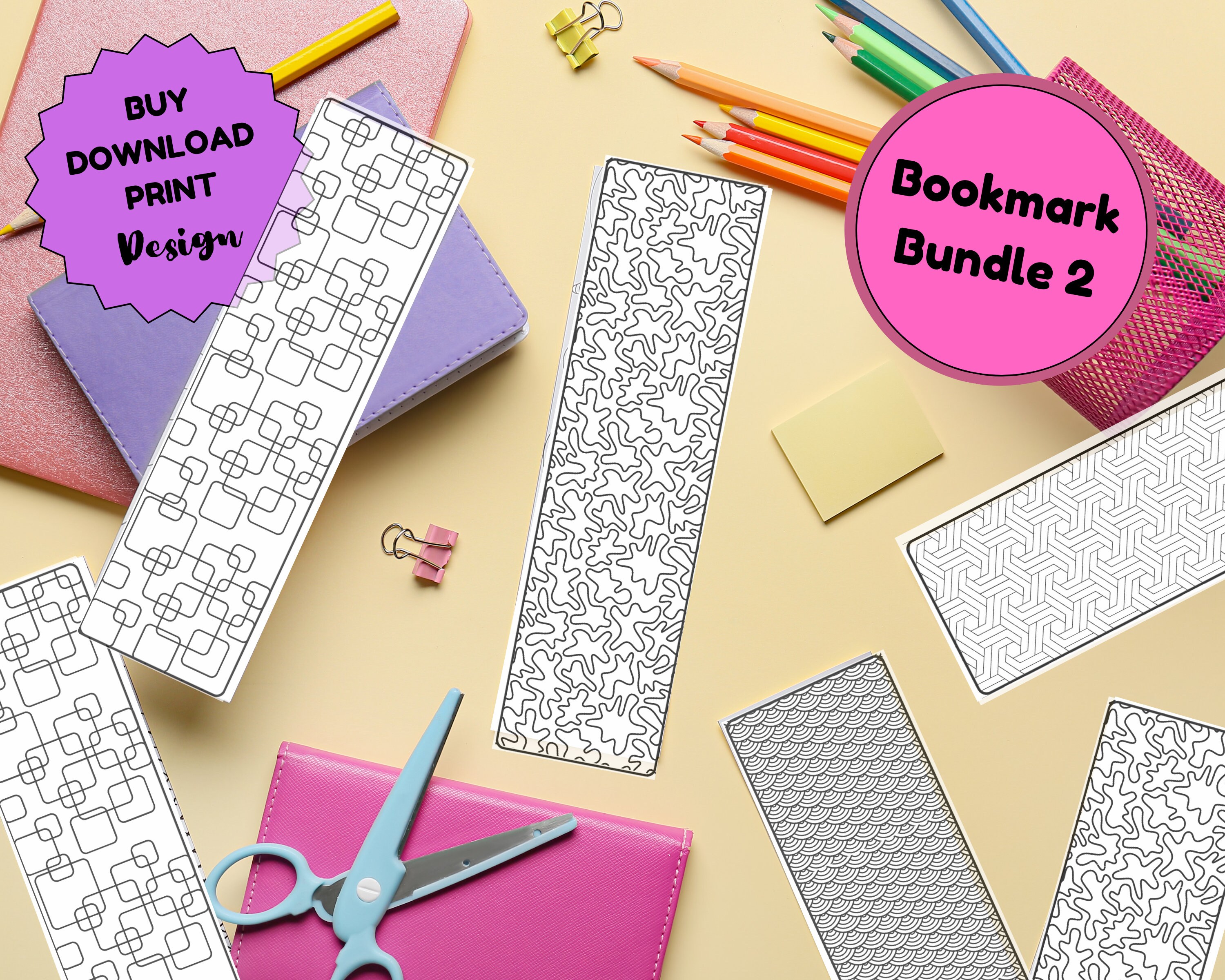 Colour in Bookmarks, Printable, Set of 4, Digital, Bundle, Bookmark ...