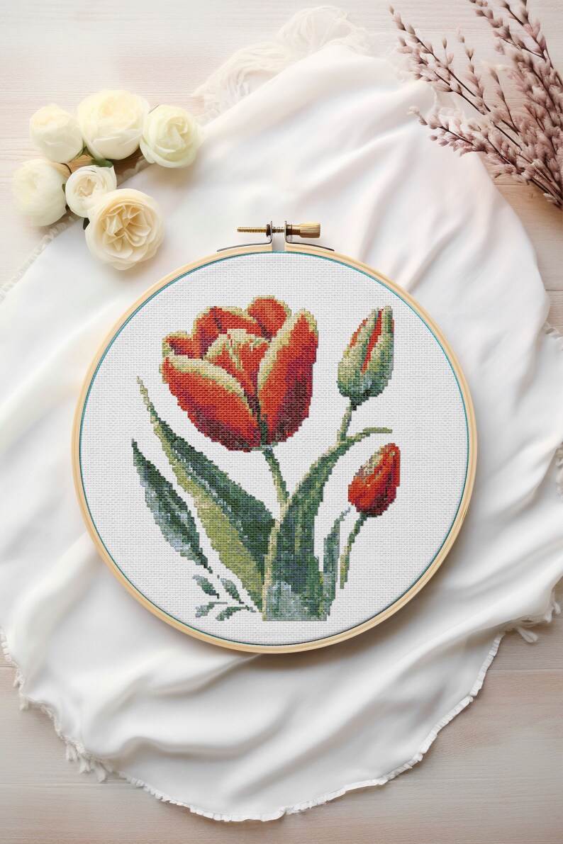 Tulip Cross Stitch Pattern ,tulip Flowers in A Glass Jar, Red Tulip PDF ...