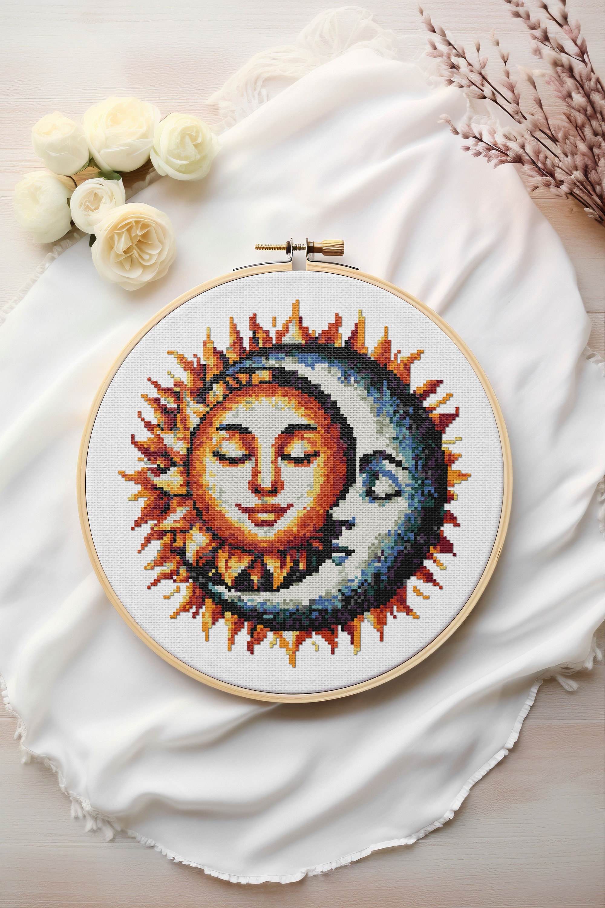 Moon and Sun Cross Stitch, Digital Pattern, Sun and Moon Cross Stitch ...