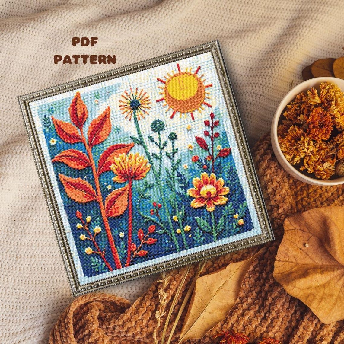 Sunset Flowers Cross Stitch Pattern: Modern Floral Embroidery (PDF ...
