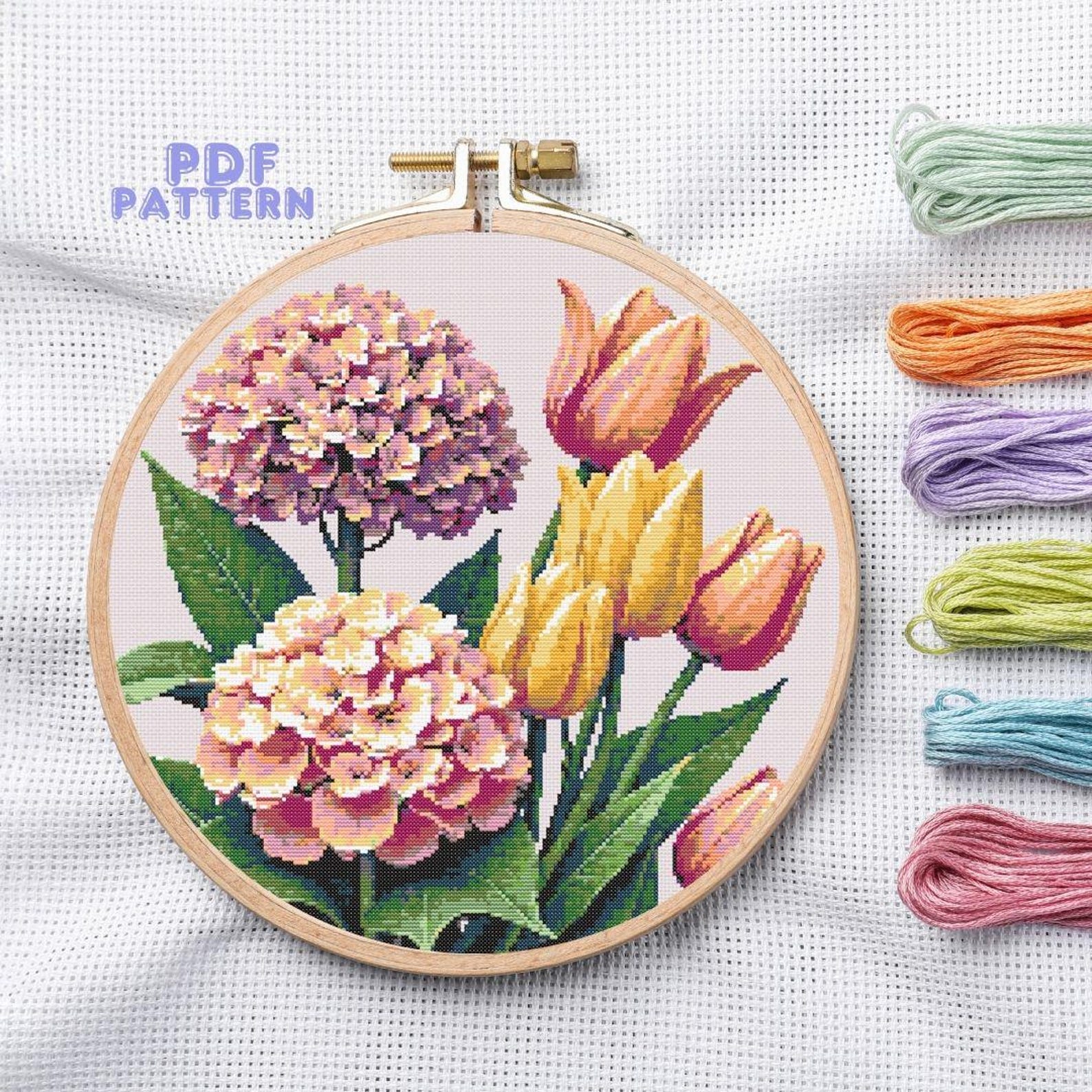 Tulips and Hydrangeas Cross Stitch Pattern: Floral Embroidery (PDF ...