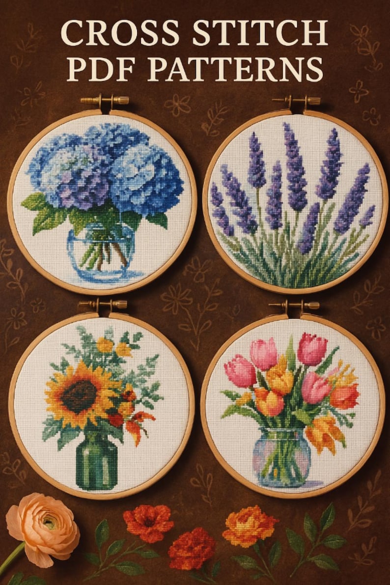 Floral Cross Stitch Patterns Bundle: Hydrangea, Lavender, Sunflower ...
