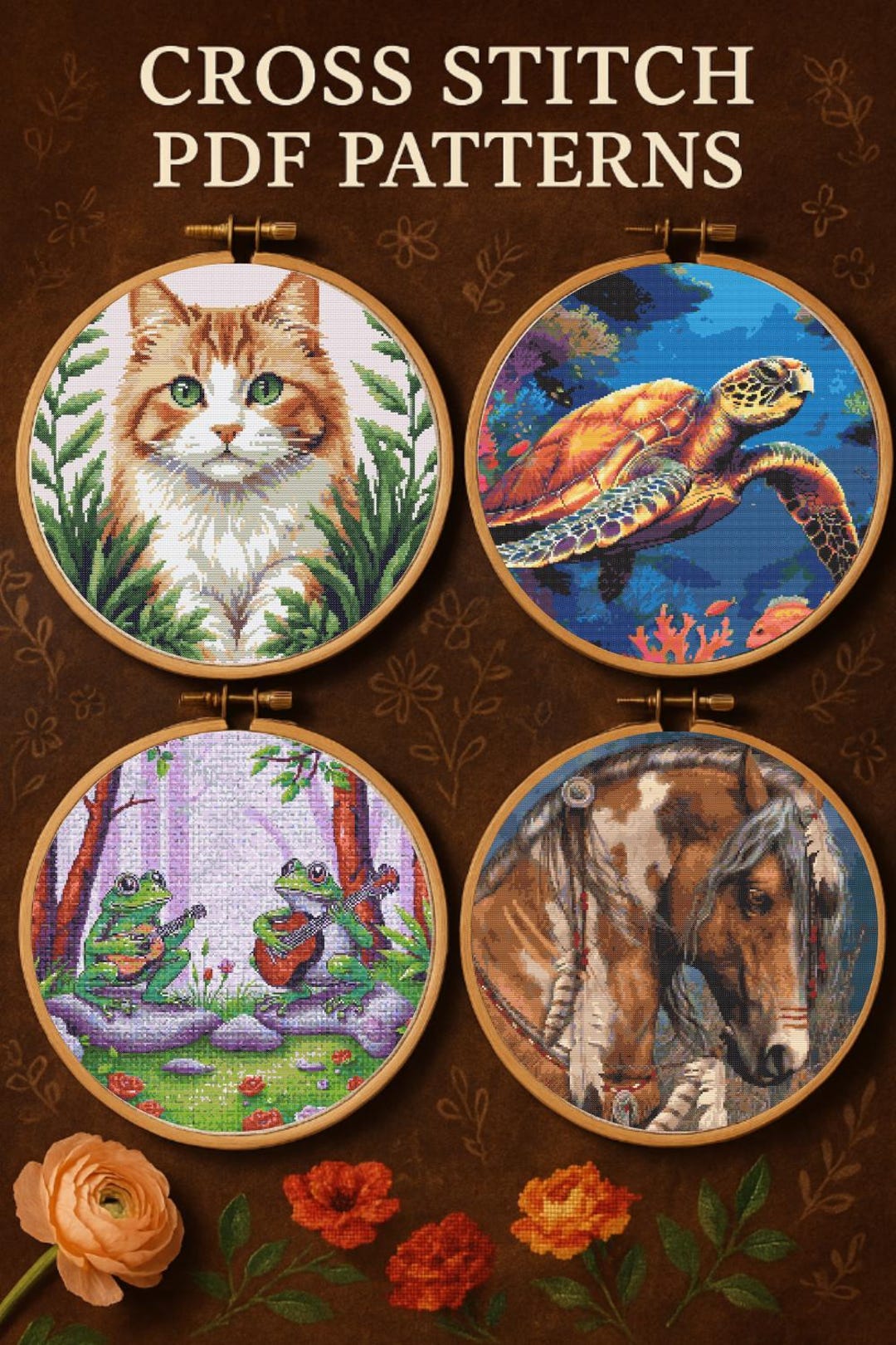 Animal Cross Stitch Pattern PDF Bundle: Cat, Turtle, Frog, Horse ...