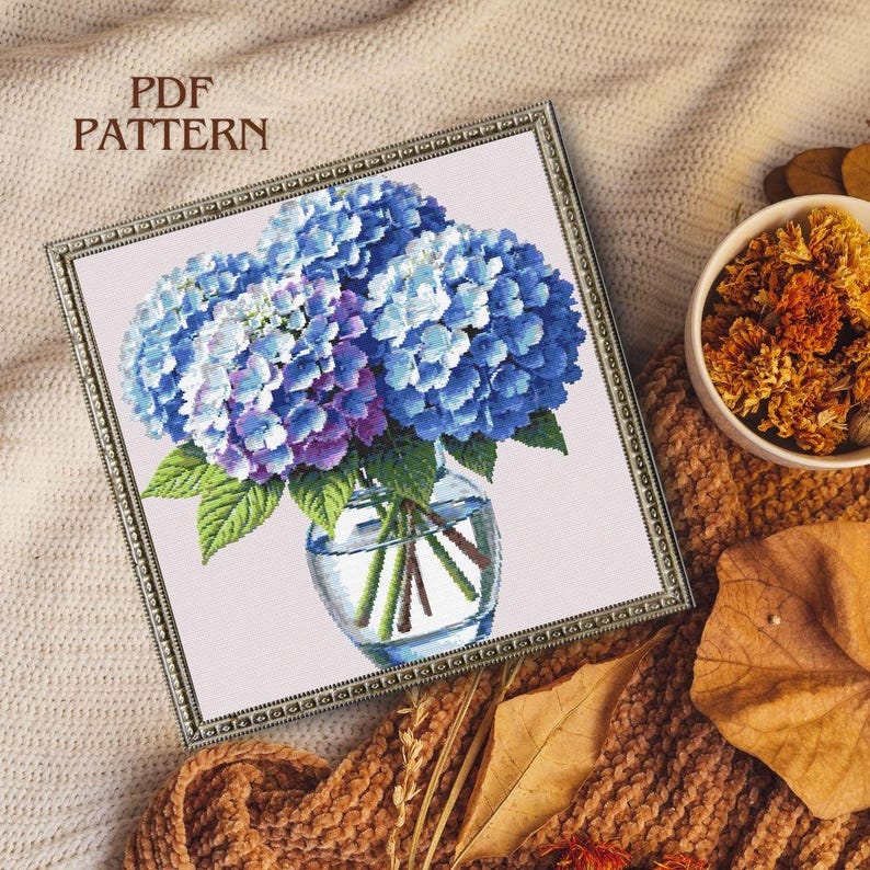 Hydrangeas Cross Stitch Pattern, Hydrangeas in Glass Vase Cross Stitch ...