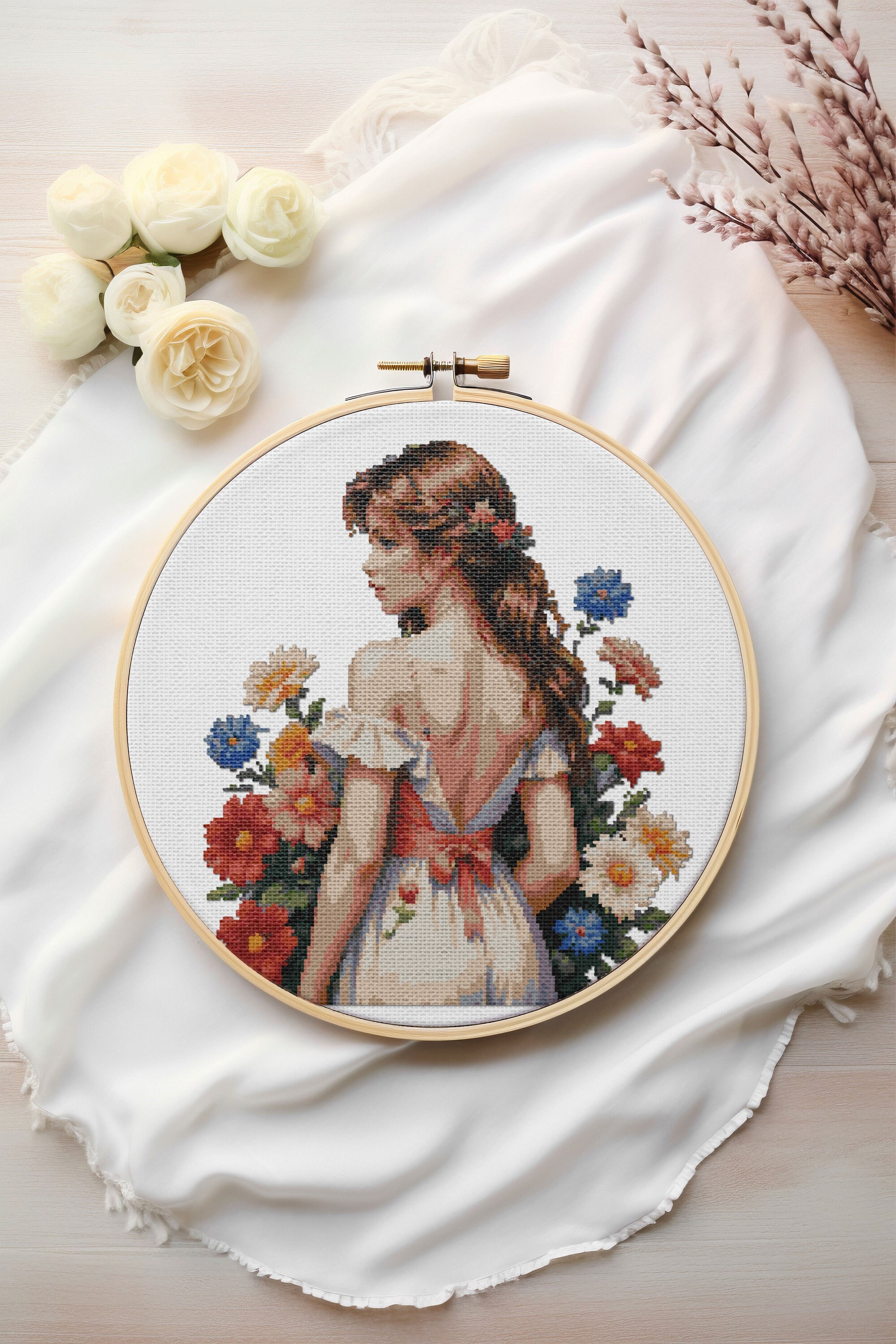 Girl Cross Stitch, Flower Cross Stitch Pattern, Cross Stitch Flower ...