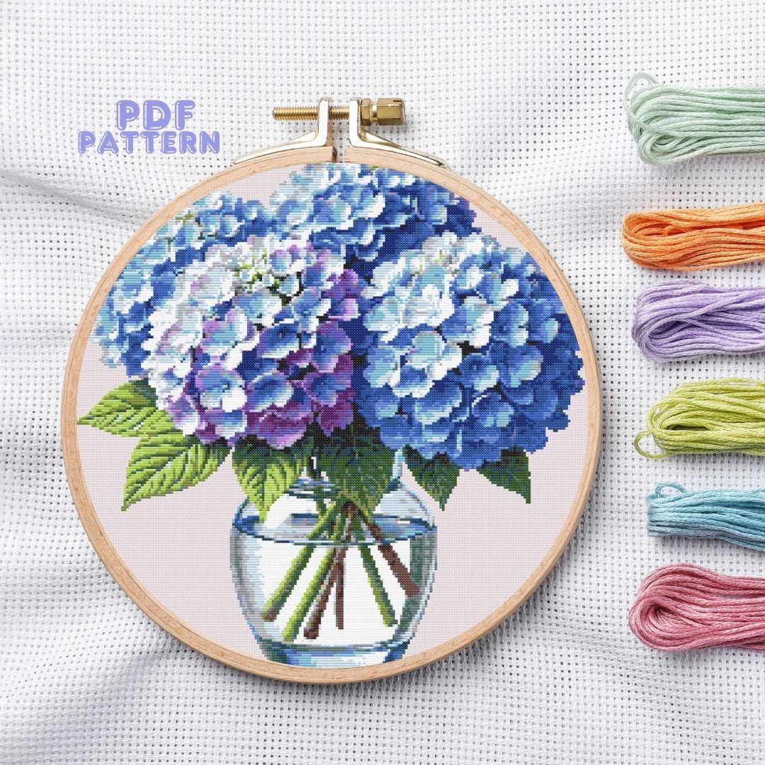 Hydrangeas Cross Stitch Pattern, Hydrangeas in Glass Vase Cross Stitch, PDF Floral Embroidery ...