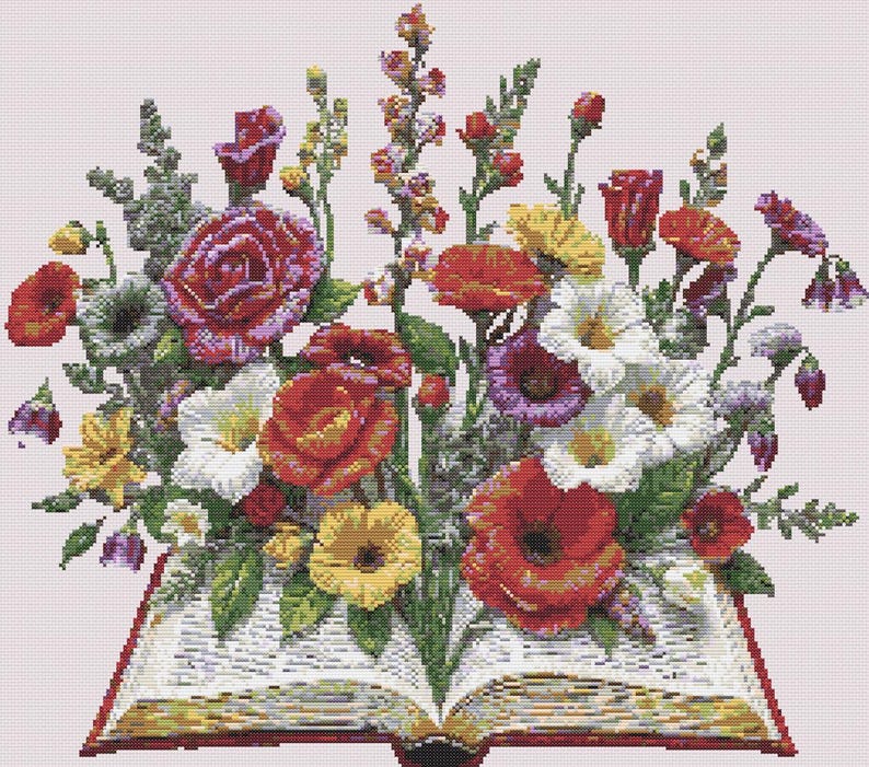 Open Book Floral Cross Stitch, Pattern PDF, Unique Embroidery, Design ...