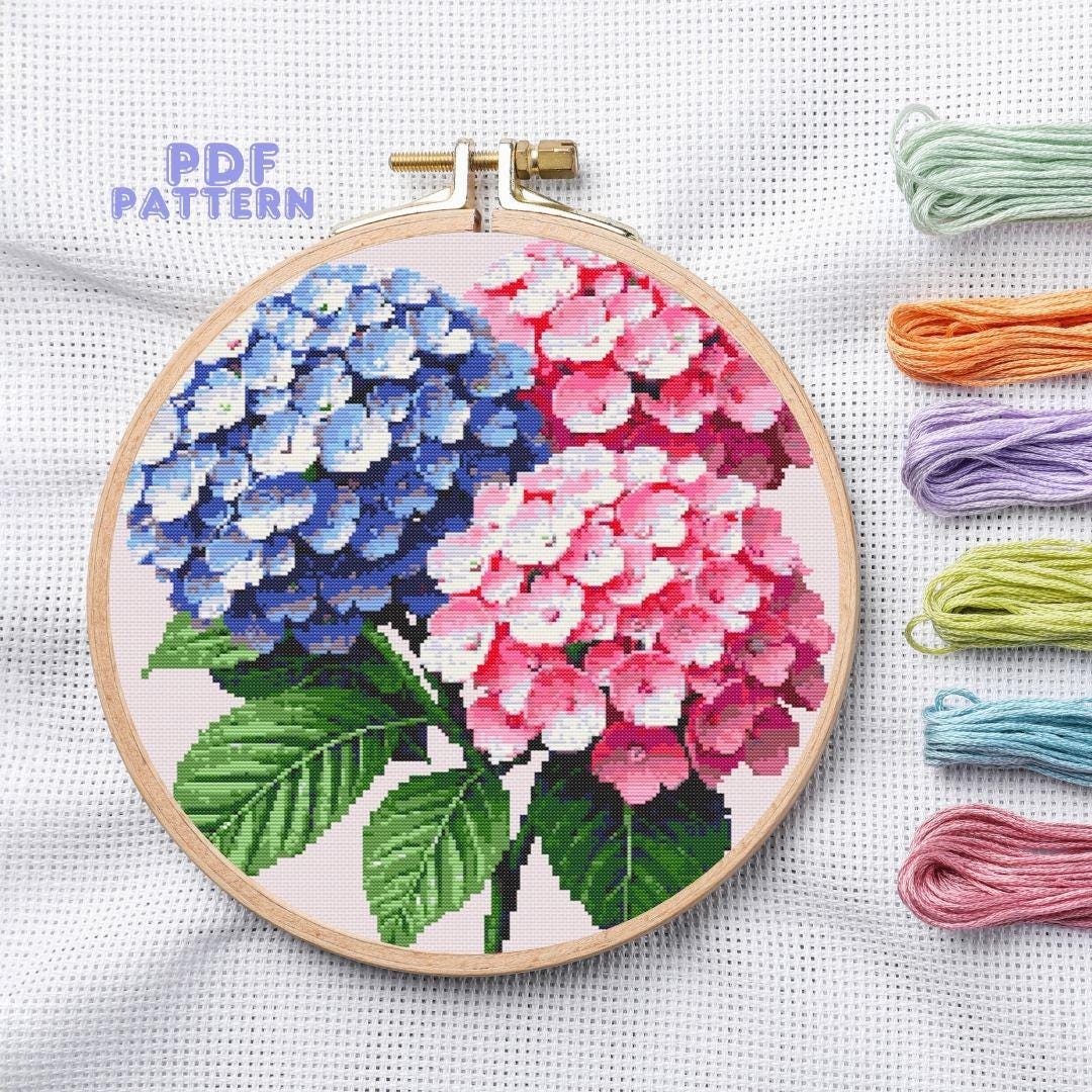 Hydrangea Cross Stitch Pattern, Artistic Pink and Blue Hortensia's ...