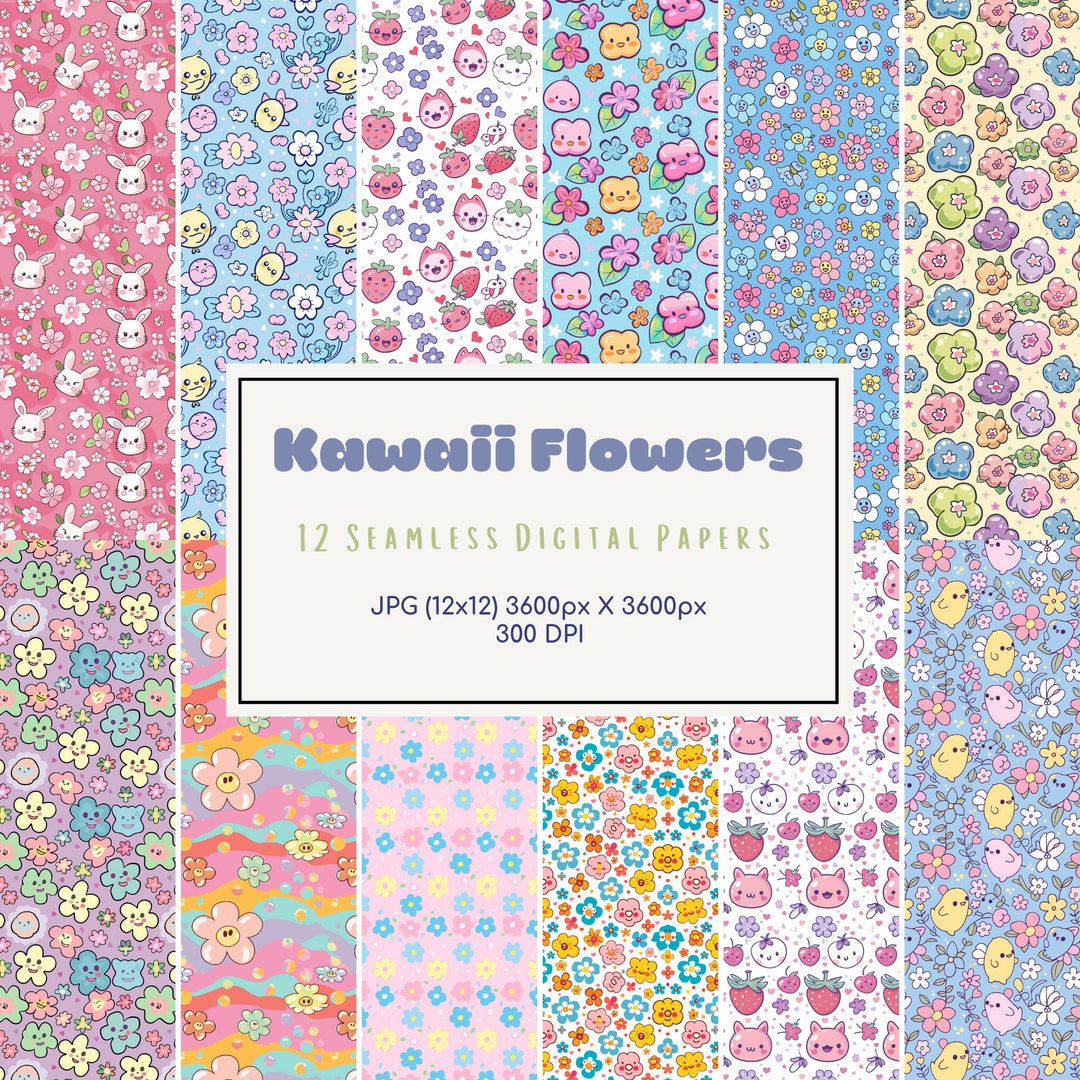 Seamless Pattern Kawaii Flowers Paper Digital Print - Etsy