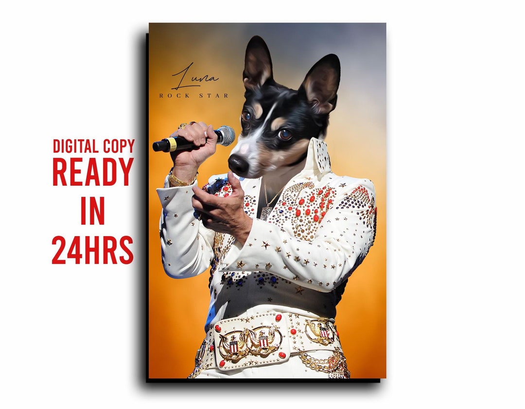 Custom Elvis Rockstar Pet Portrait, Custom Rocker Pet Portrait, Pet ...