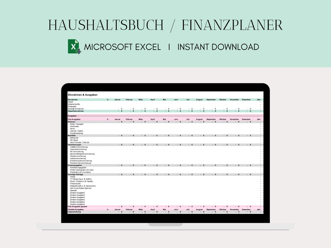 Finanzplaner MS Excel Template Digitaler Tracker Organizer Monatliches Budget Einnahmen Ausgaben ...