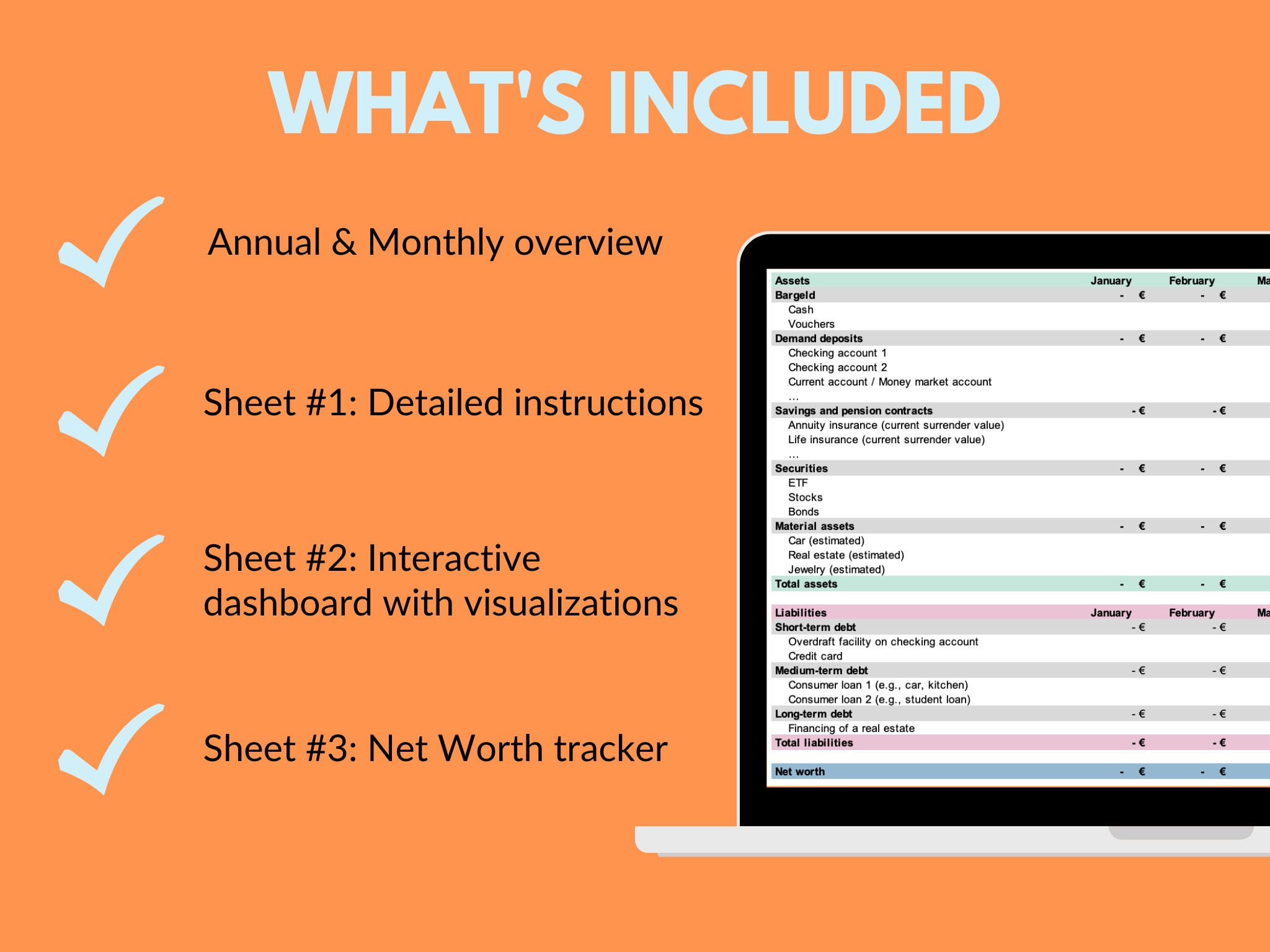 Monthly and Annual Net Worth Tracker for Google Sheets, Template ...