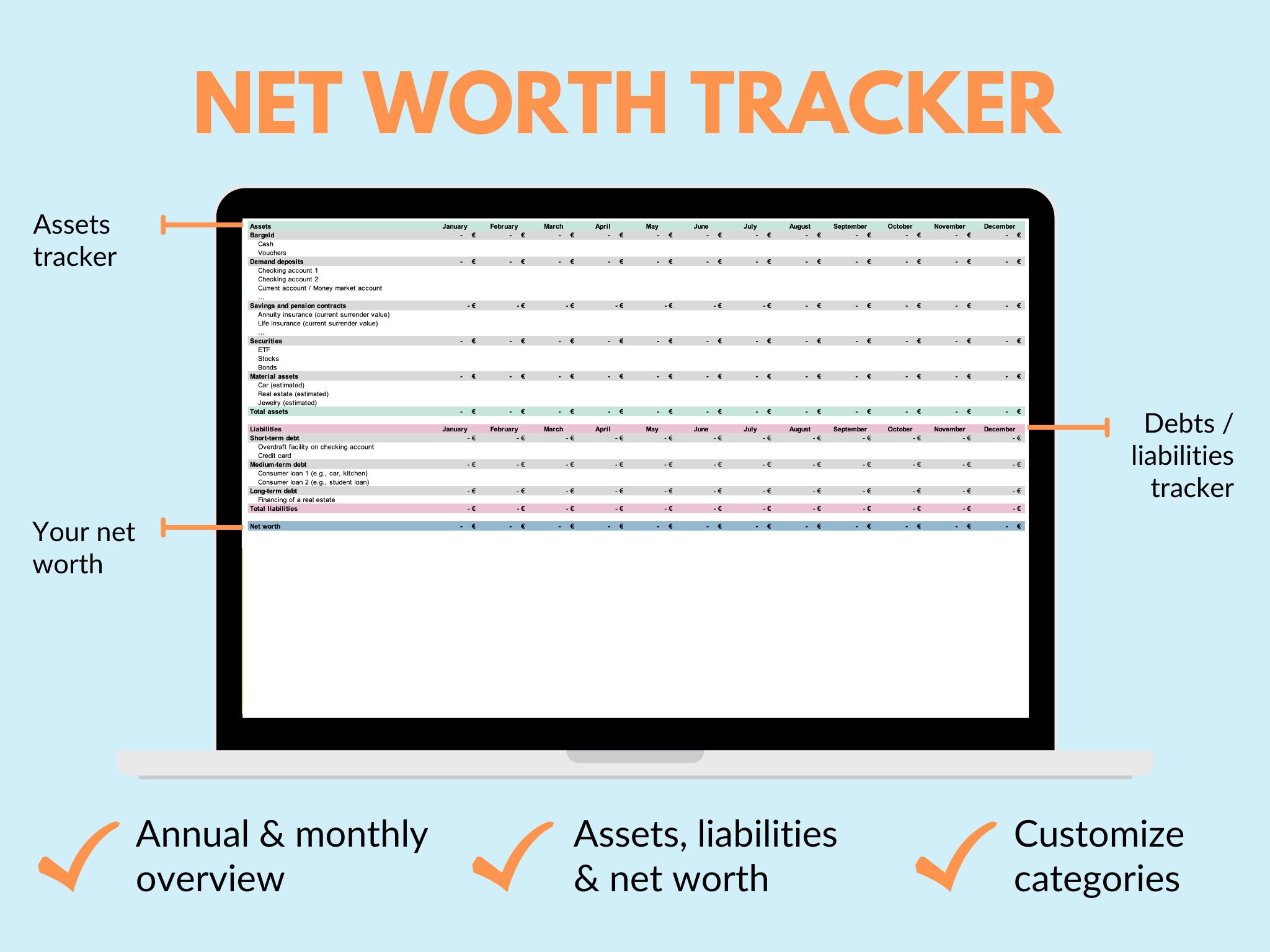 Monthly and Annual Net Worth Tracker for Google Sheets, Template ...