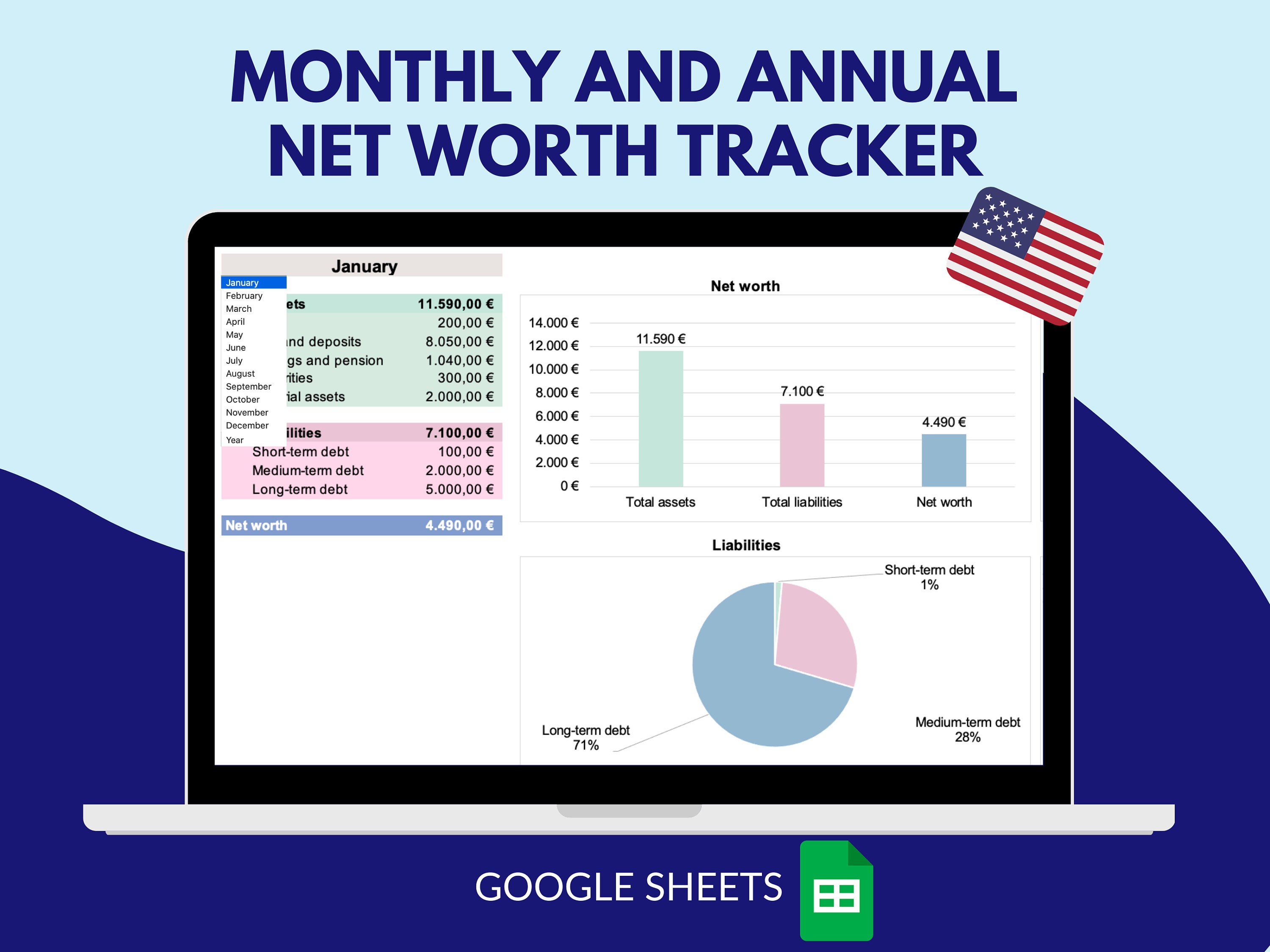 Monthly and Annual Net Worth Tracker for Google Sheets, Template ...