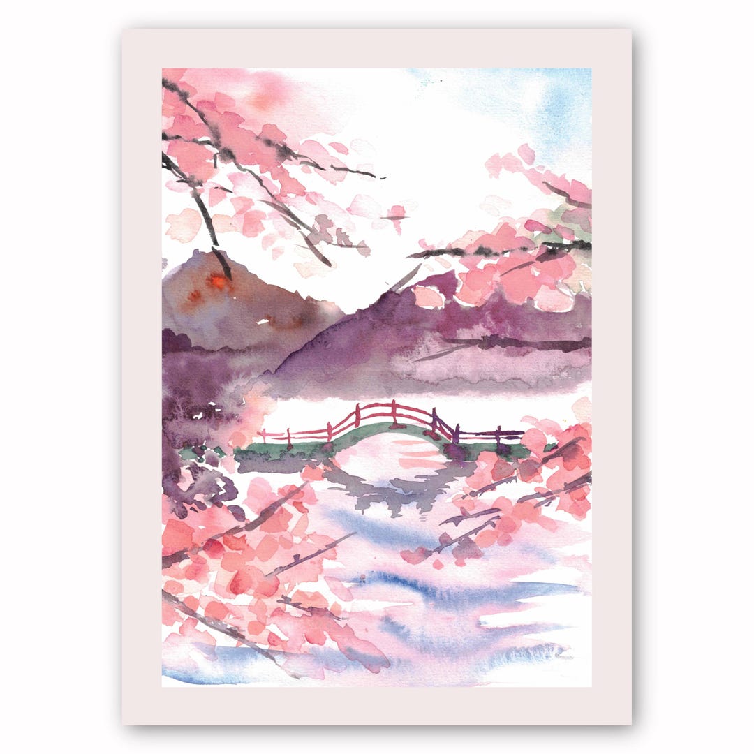 Cherry Blossom Japan Watercolor Painting: Hanami Bridge Art - Etsy