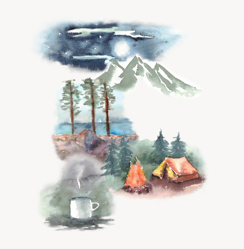 Camping Clipart Watercolor Clipart Campfire Clipart Camp Tent Clipart ...