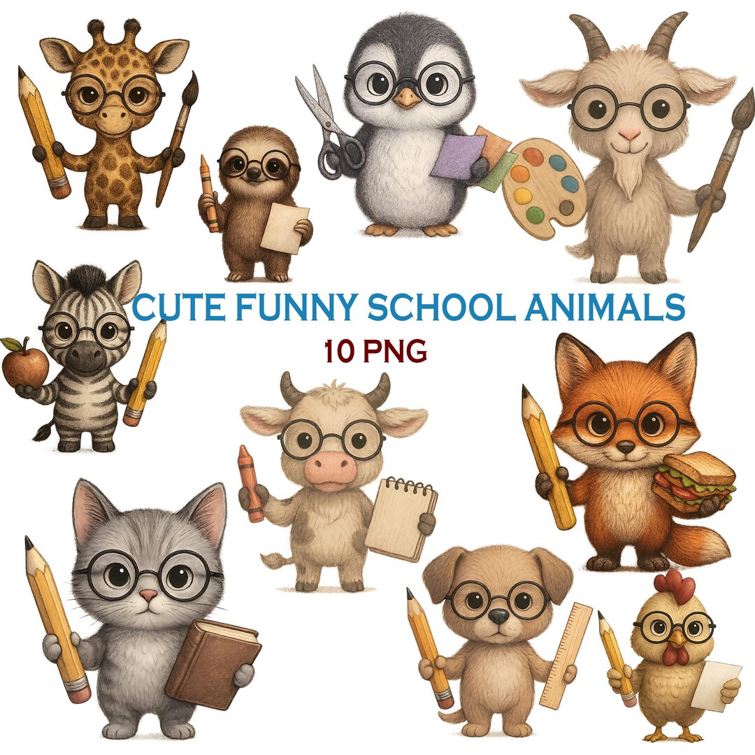Cute Funny School Animals Clipart, Back to School PNG Set, 10 PNG - Etsy