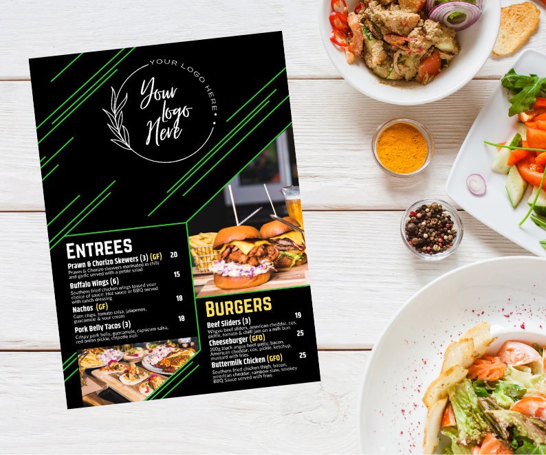 A4 Restaurant Menu Canva Template Lime Green, Digital Download, 100% ...