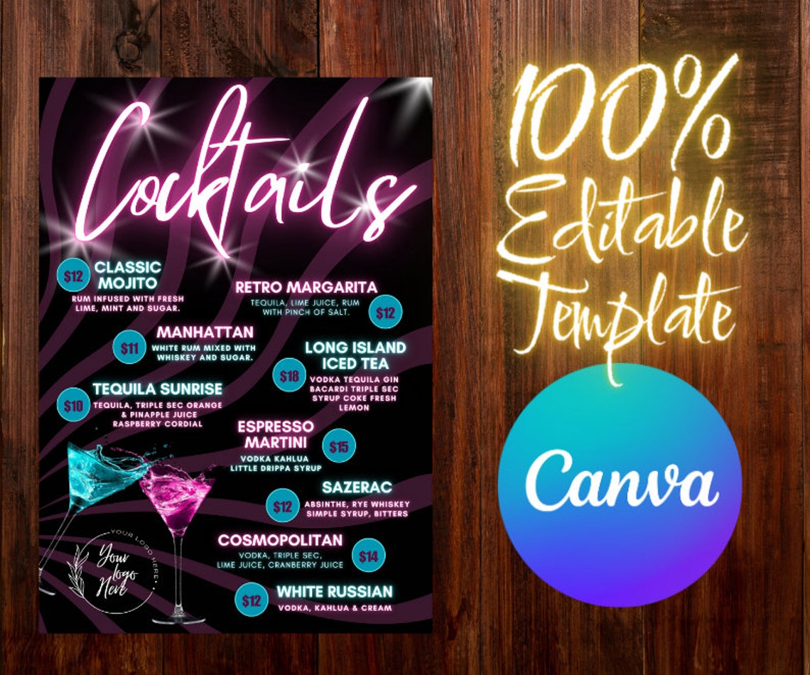 100% Editable Cocktail Menu - 4 Sizes - Canva Templates - Digital ...
