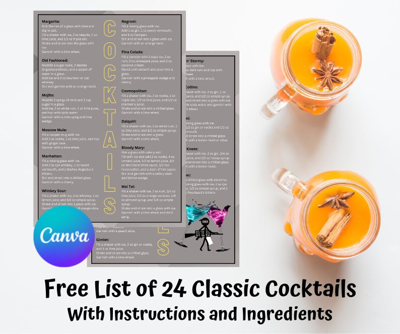 Cocktail Menu Canva Template Gold Digital Download 100% - Etsy