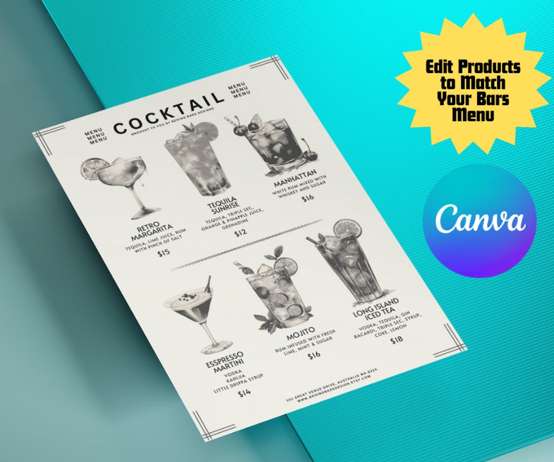 Editable Minimalist Cocktail Menu Template: Canva Design (4 Sizes ...