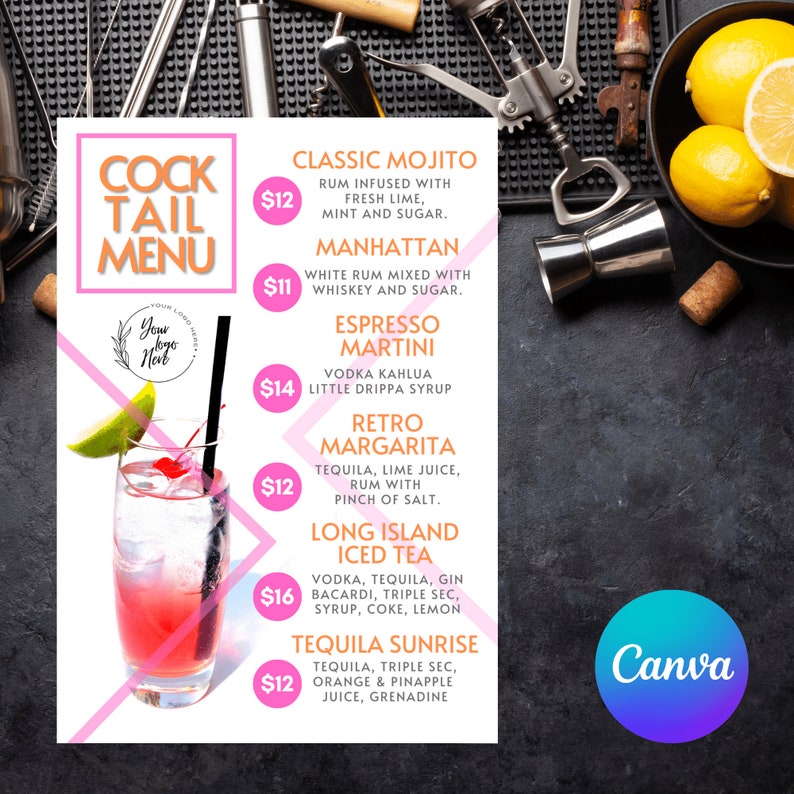 3 Pack - Editable Cocktail Menu Template BUNDLE - 3x Canva Templates W ...