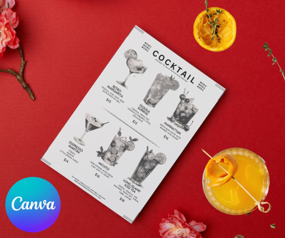 100% Editable Minimalist Cocktail Menu Design Canva Template With Free ...