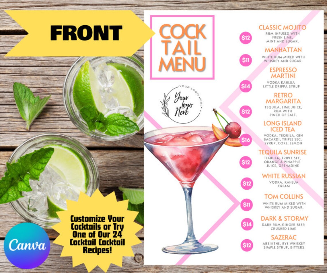 Elegant Cocktail Menu With Matching Shooter List edit-download-print 4 ...
