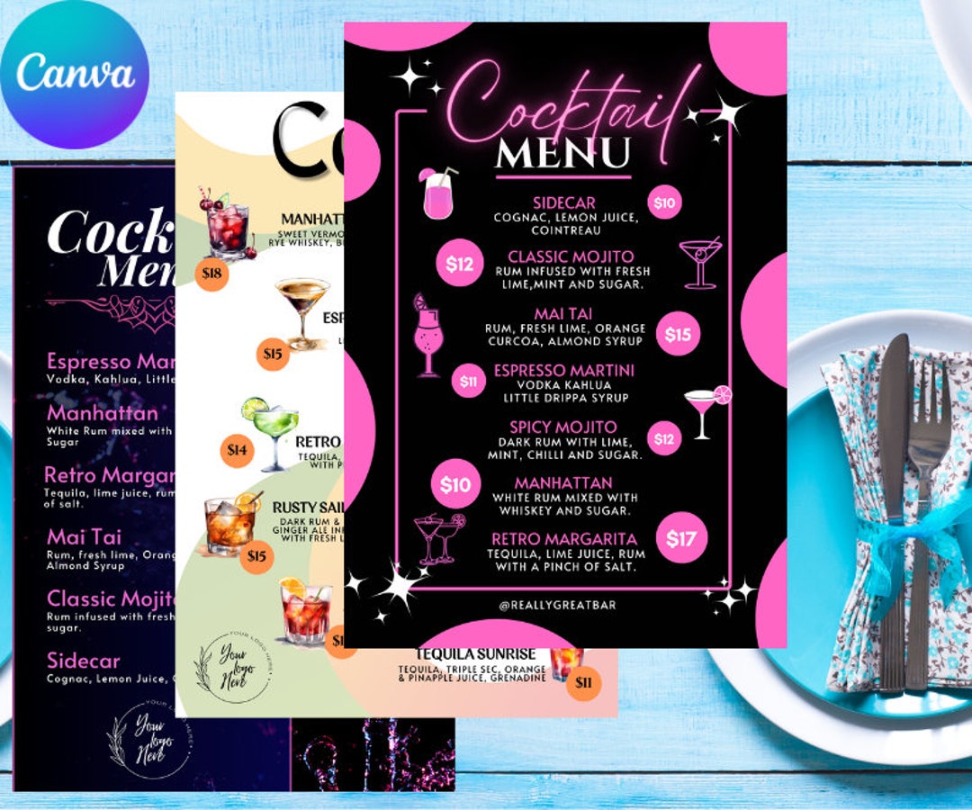 Bundle 3 Pack - Editable Cocktail Menu Template BUNDLE - 3x Canva ...