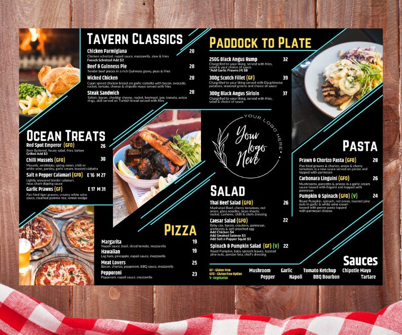 A3 Restaurant Menu Canva Template Neon Blue Digital - Etsy